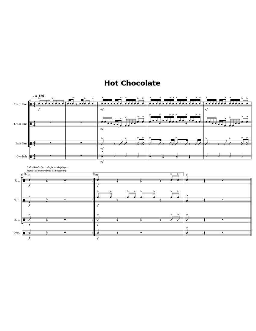 Hot Chocolate Drumline Cadence Sheet Music for Snare drum, Crash, Tenor ...