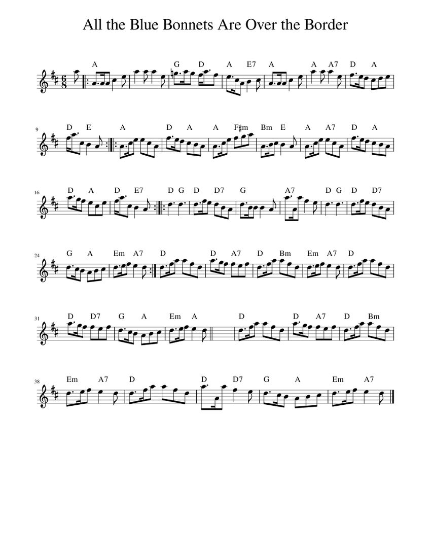 All the Blue Bonnets Are Over the Border Sheet Music with Chords for ...
