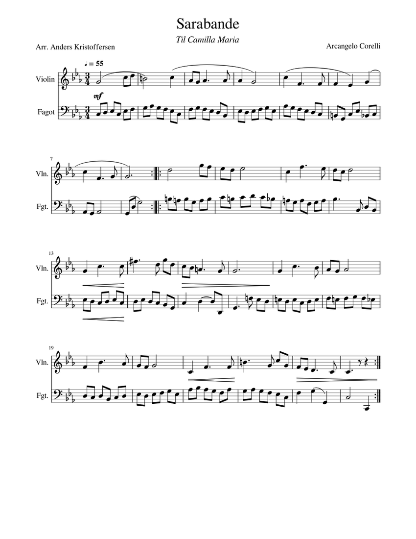 Sarabande - Arcangello Corelli - Violin og Fagot Sheet Music for ...