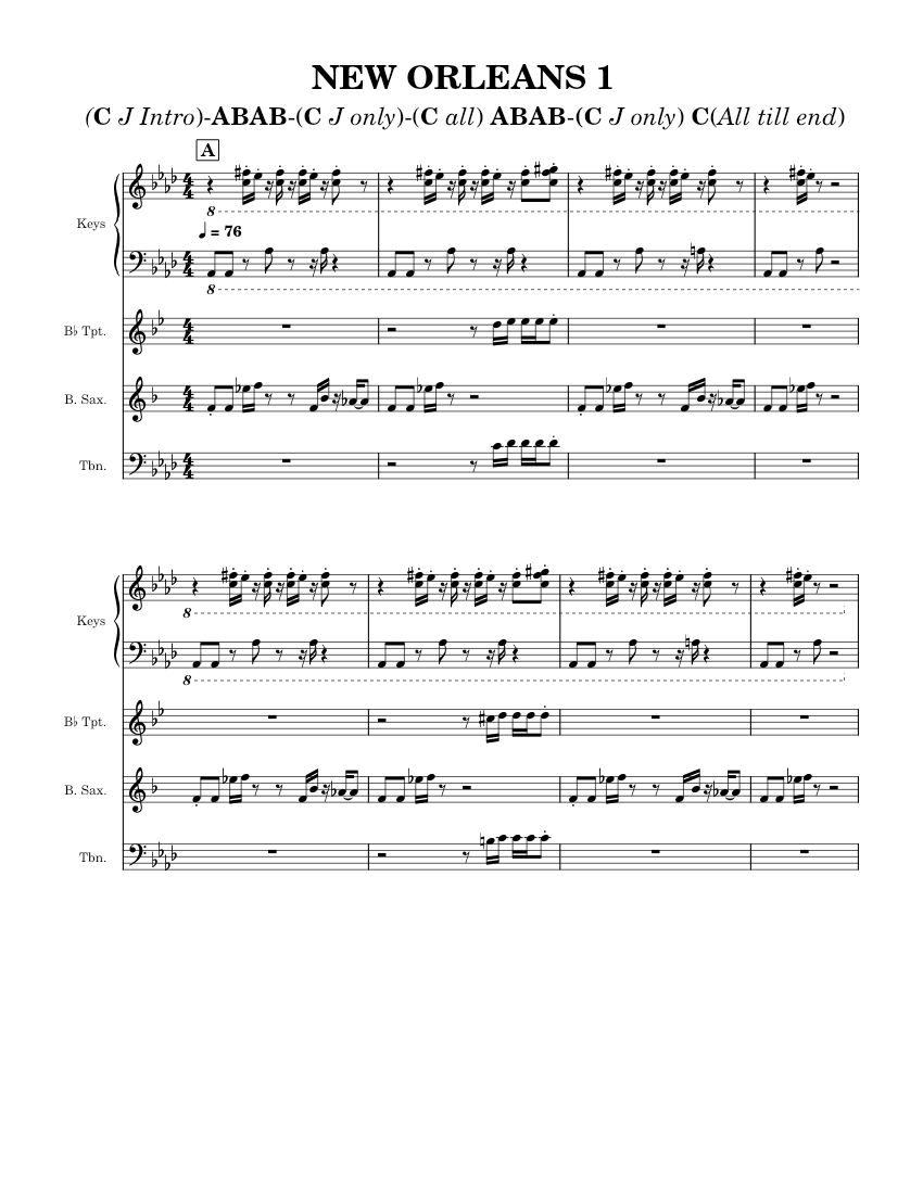 New Orleans 1 Chart Sheet music for Piano, Trombone, Saxophone baritone, Trumpet in b-flat ...
