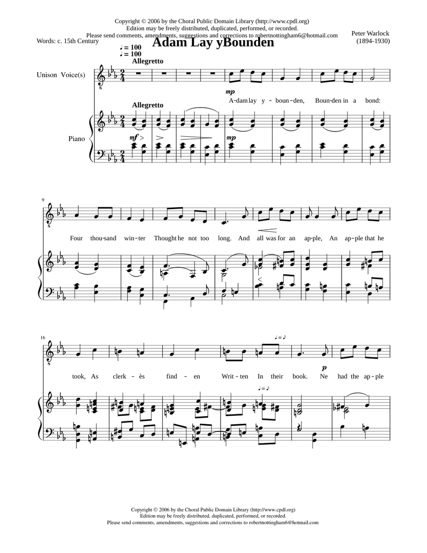 Adam lay yBounden - Peter Warlock Sheet music for Piano (Solo ...