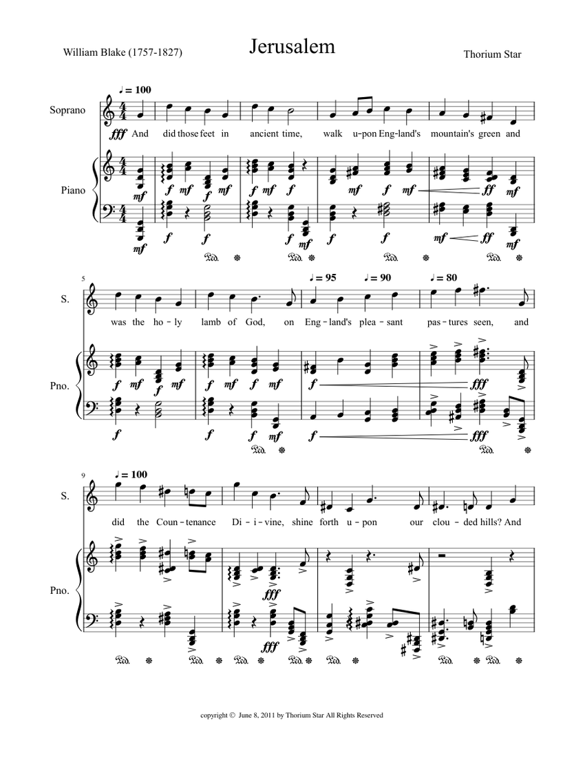 Jerusalem, Words by William Blake (1757-1827), Music © by Thorium Star ...