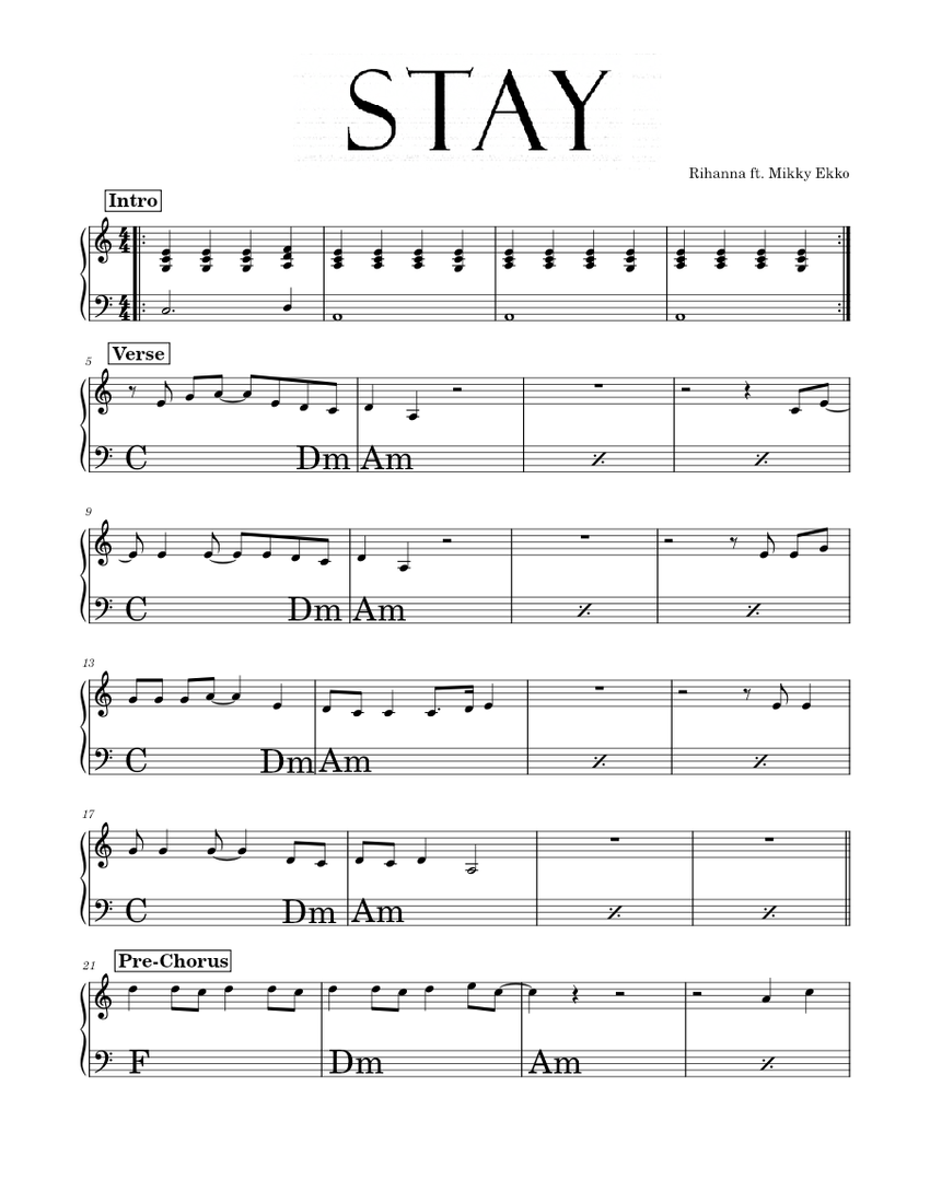 Stay - Rihanna Sheet Music for Piano (Solo) Easy | MuseScore.com