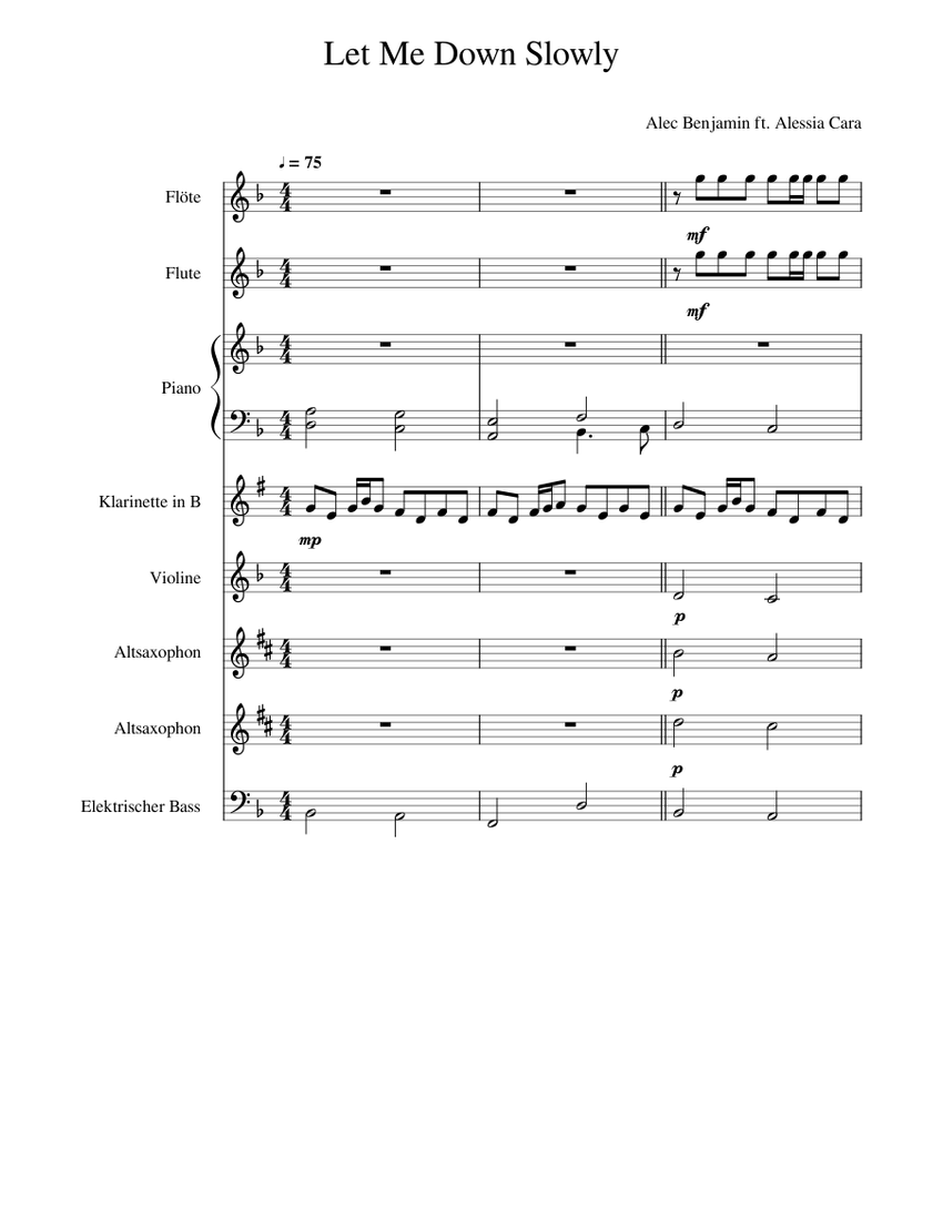 Let Me Down Slowly Sheet Music for Piano, Flute, Clarinet in b-flat ...