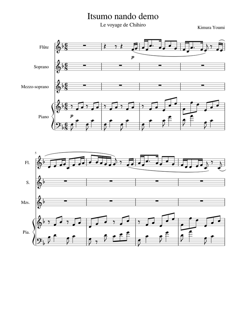 Itsumo nando demo Sheet Music for Piano, Soprano, Mezzo soprano, Flute ...
