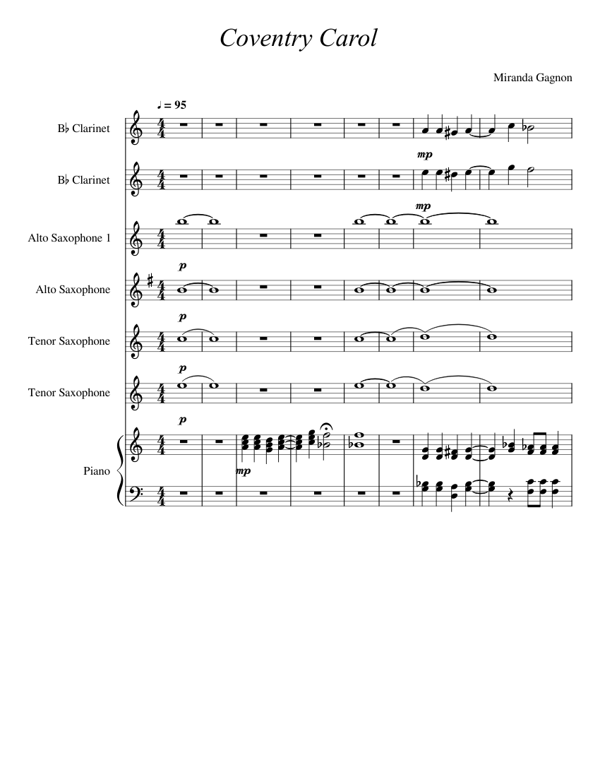 Coventry Carol Sheet music for Piano, Clarinet in b-flat, Saxophone alto, Saxophone tenor (Mixed ...