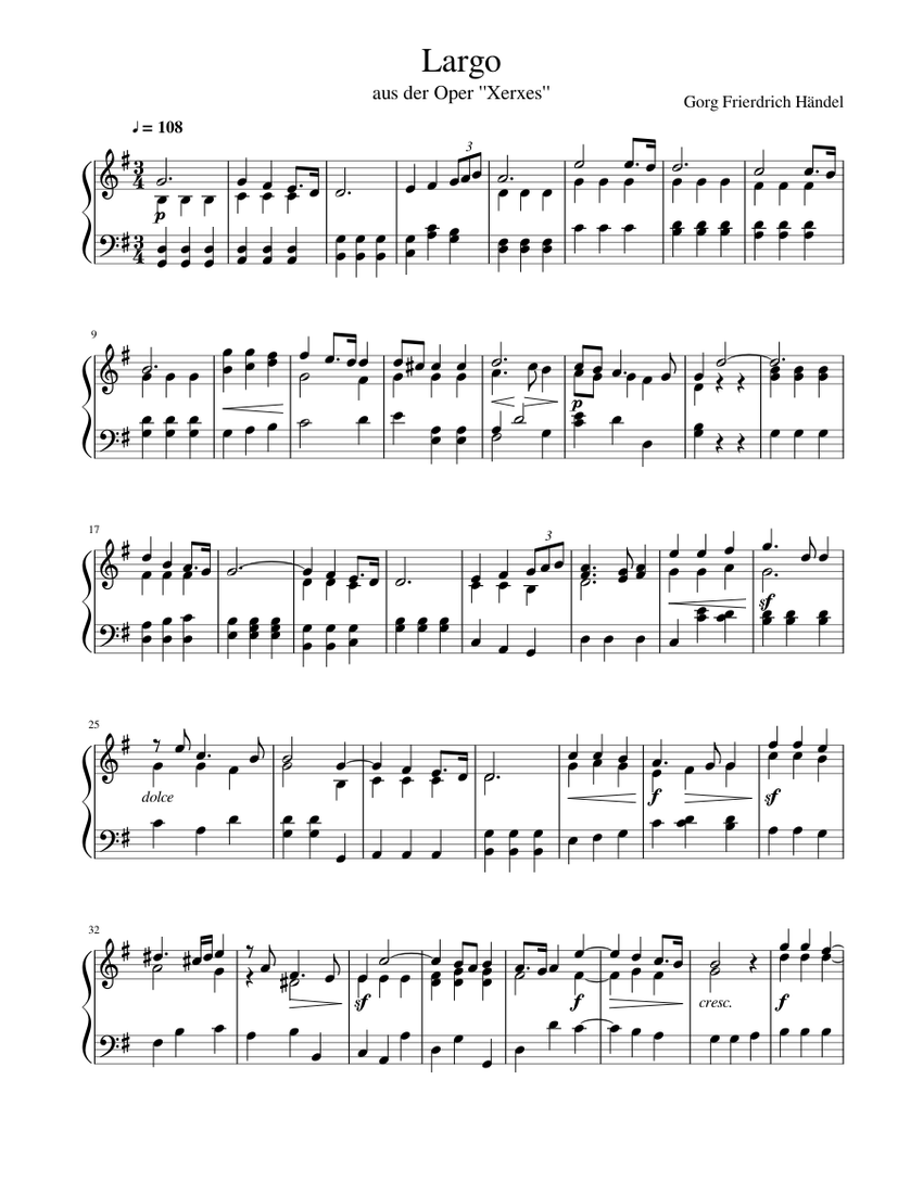 Largo aus der Oper "Xerxo" - Händel Sheet Music for Piano (Solo) Easy ...