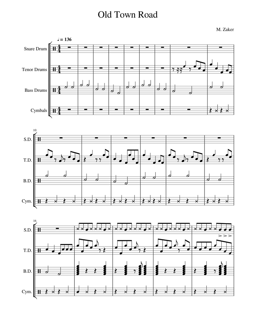 Old_Town_Road Sheet music for Snare drum, Crash, Tenor drum, Bass drum ...