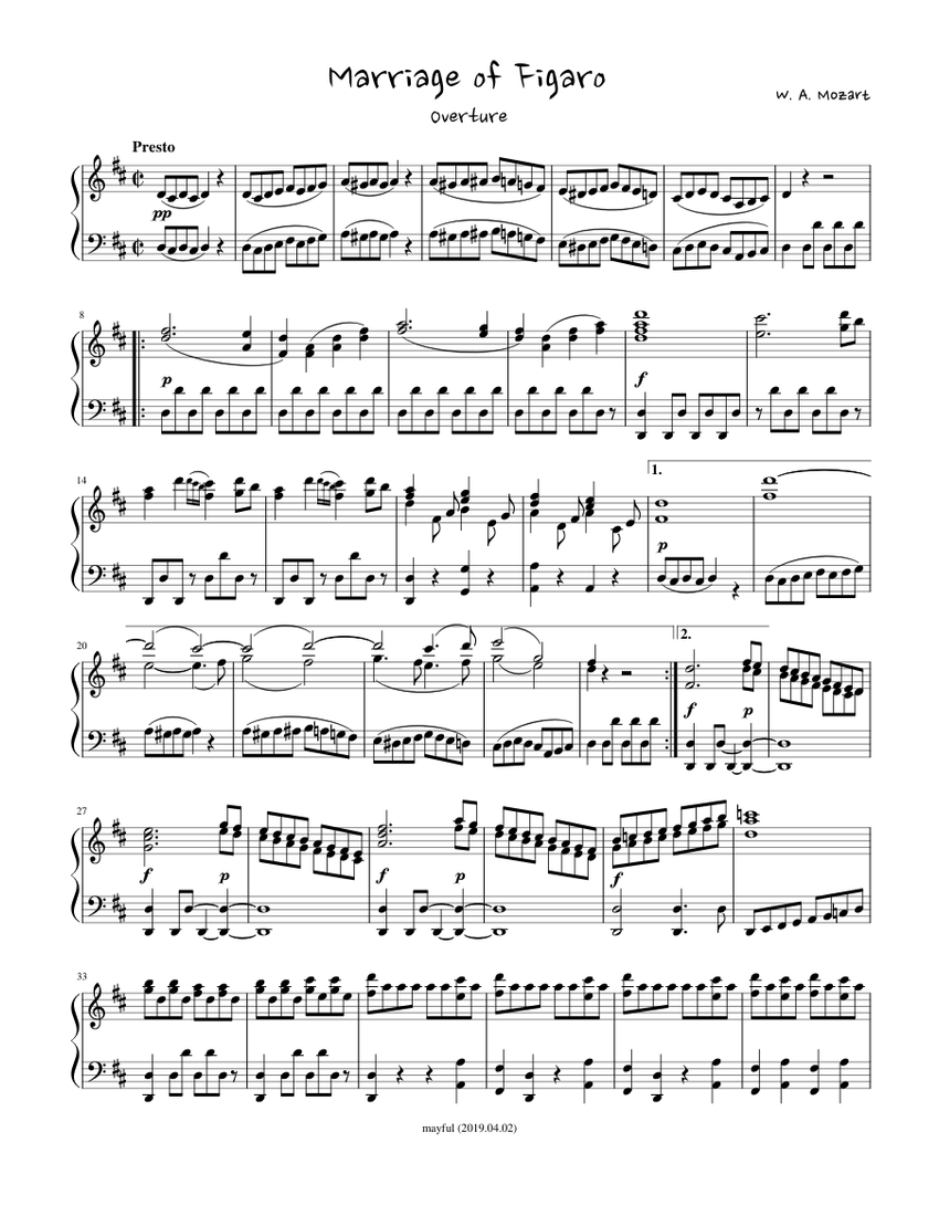 W. A. Mozart - Marriage of Figaro (for piano solo) Sheet music for ...