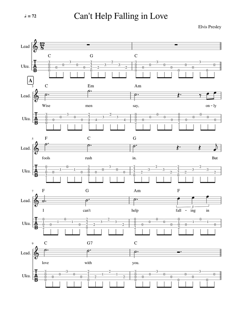 Can't Help Falling in Love_Elvis Presley_Ukulele Sheet music for Oboe ...