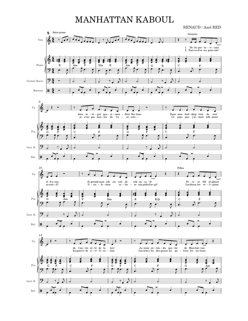 Manhattan-kaboul – Renaud Manhattan Kaboul Sheet Music with Chords for ...