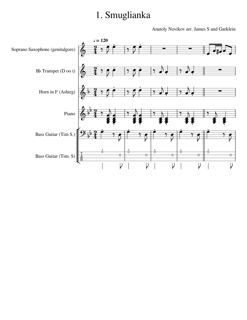 Smuglianka Sheet Music for Piano, Trumpet in b-flat, French horn, Bass ...