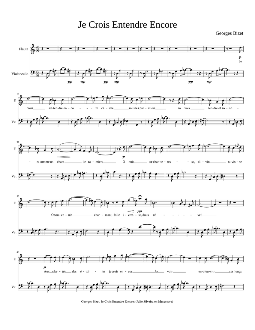 Bizet - Je Crois Entender Encore - Flute / Cello Sheet music for Cello ...