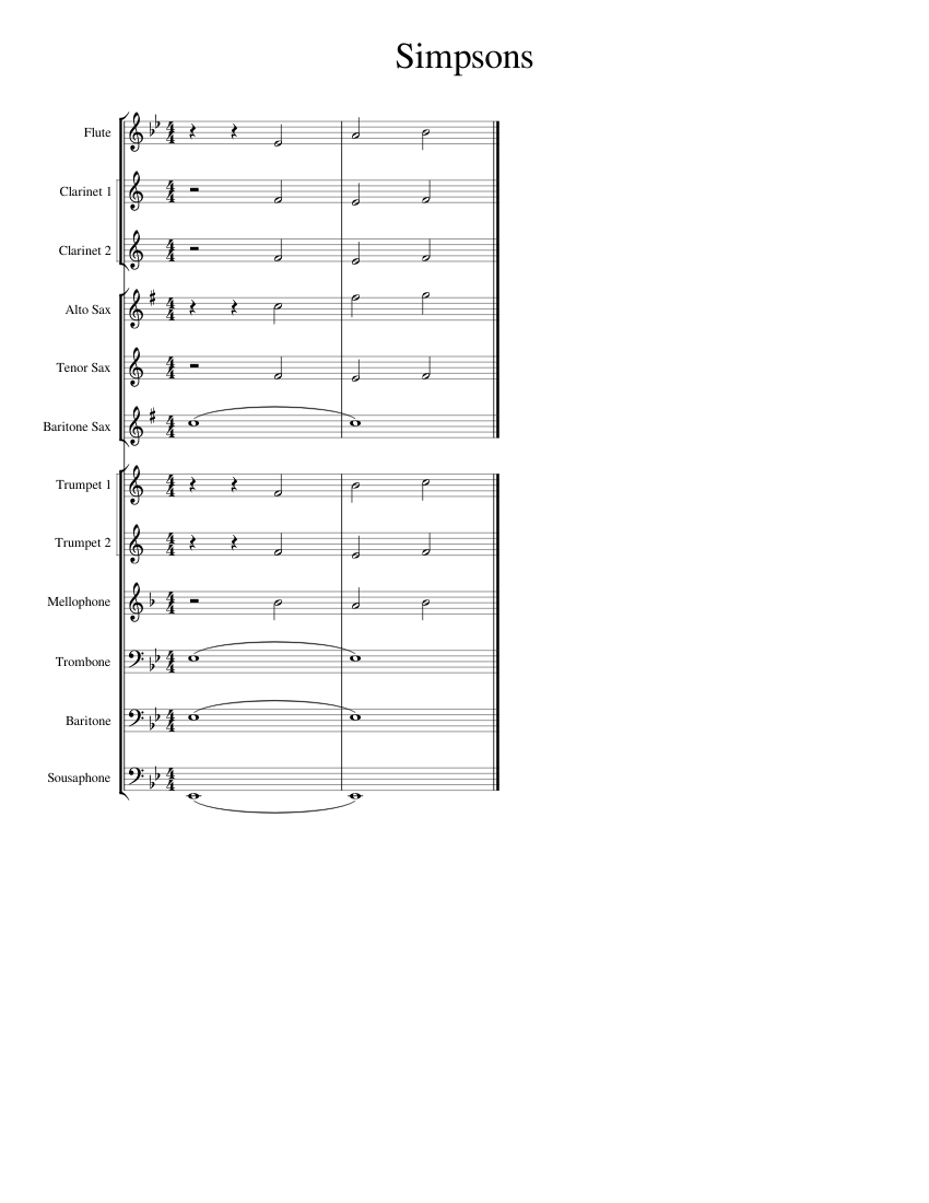 Simpsons Sheet Music for Trombone, Mellophone, Flute, Clarinet in b ...