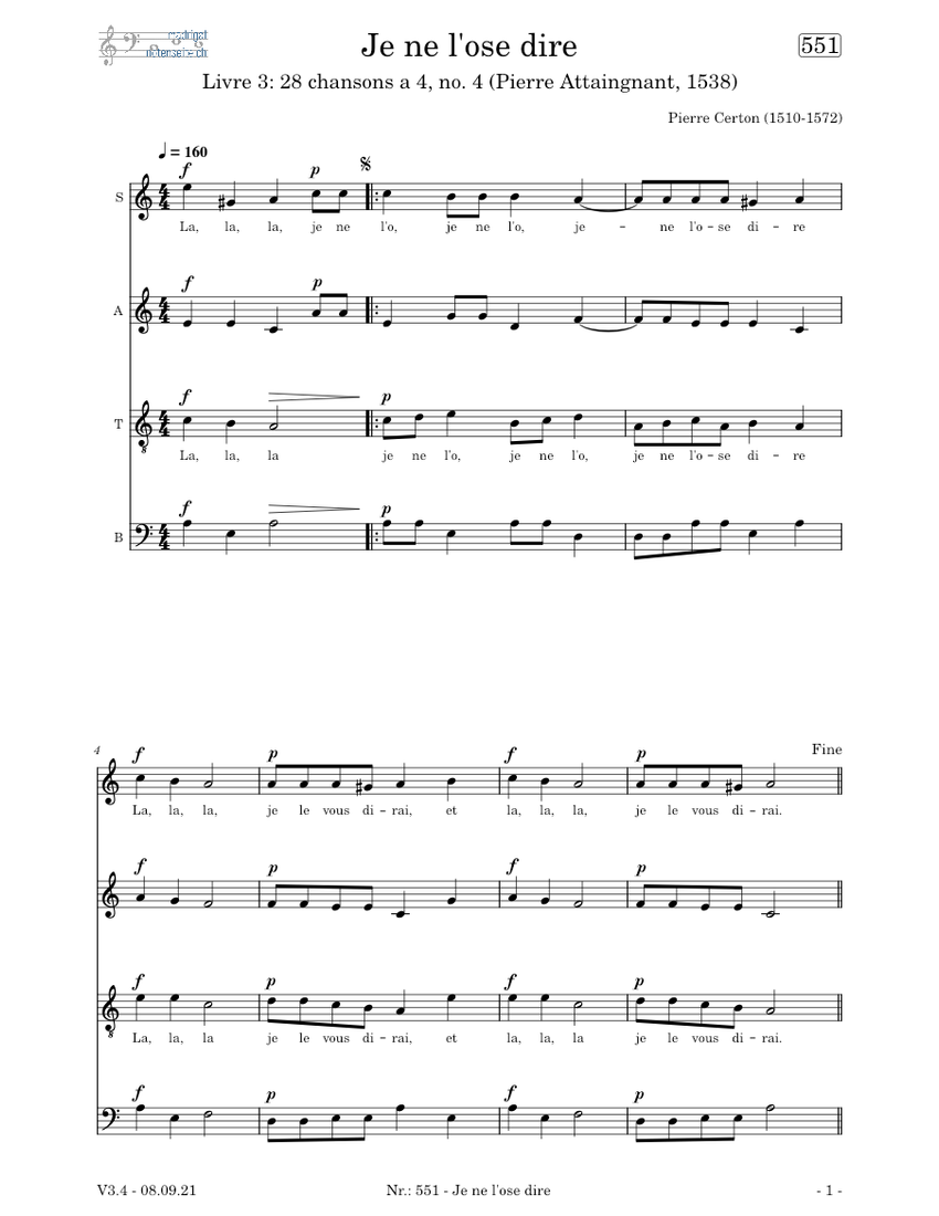 Je ne l'ose dire (Pierre Certon) Sheet music for Soprano, Alto, Tenor ...