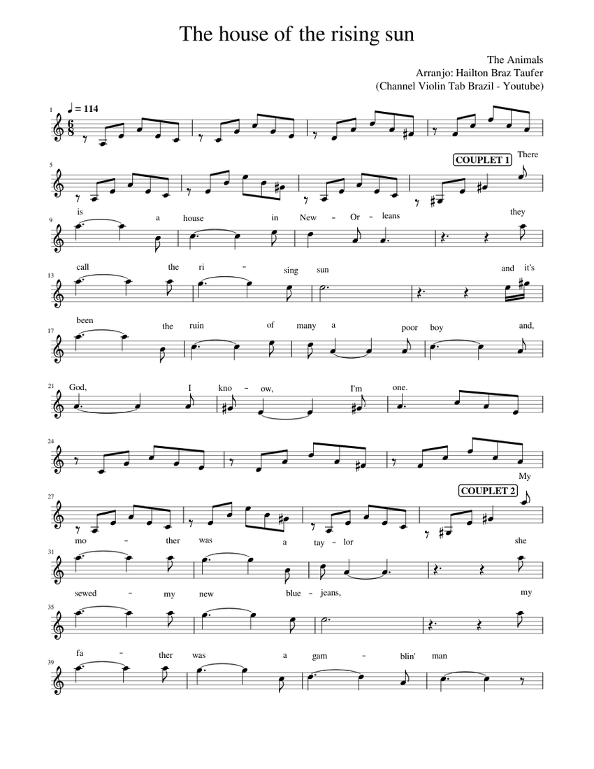 House of the rising sun – The Animals (Channel Violin Tab Brazil ...