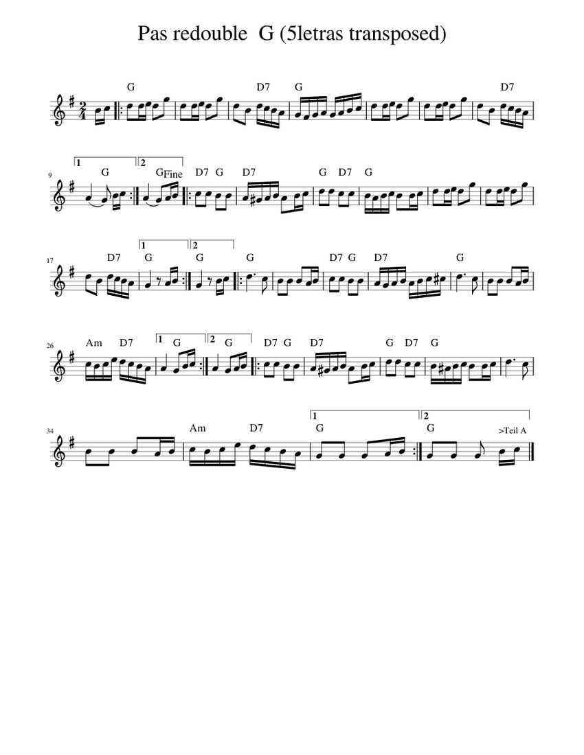 Pas redouble G (5letras transposed) Sheet music for Accordion (Solo ...