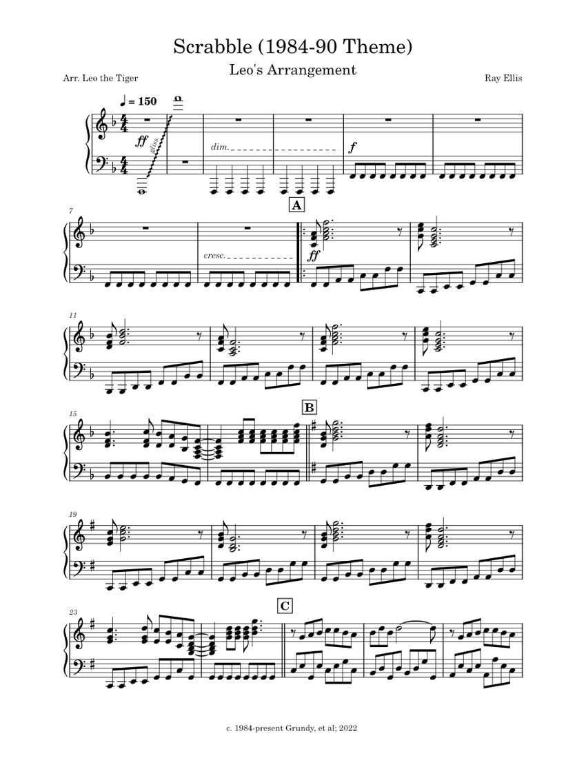 Piano Solo: Scrabble (TV Theme) – Ray Ellis Sheet Music for Piano (Solo ...