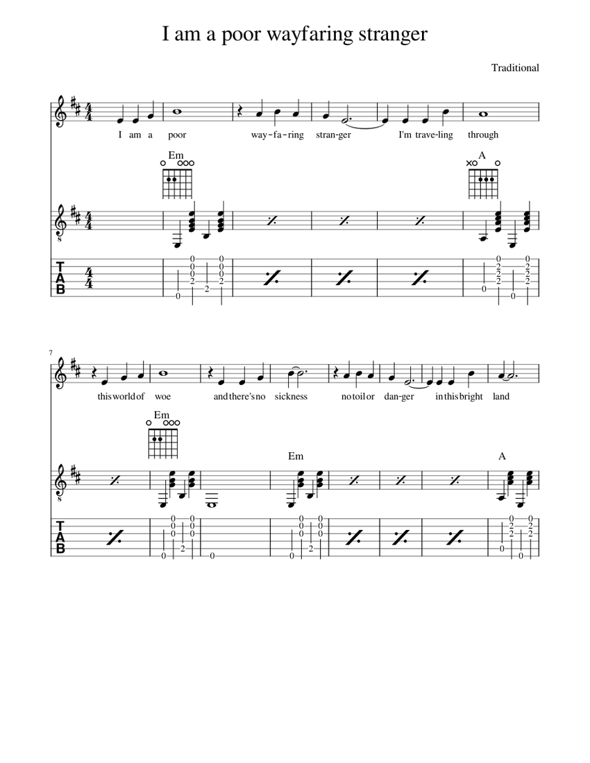 I am a poor wayfaring stranger melody & guitar backup Sheet Music and ...