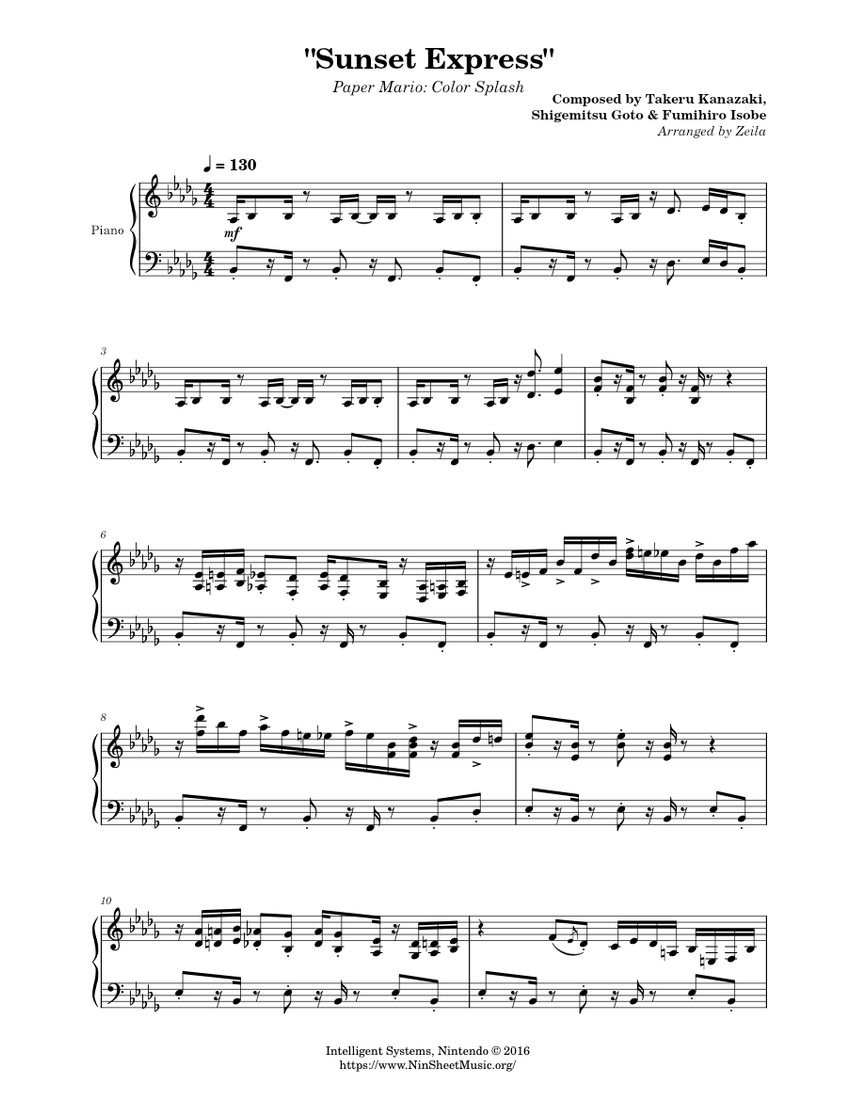 Paper Mario: Color Splash - Sunset Express Sheet Music for Piano (Solo ...