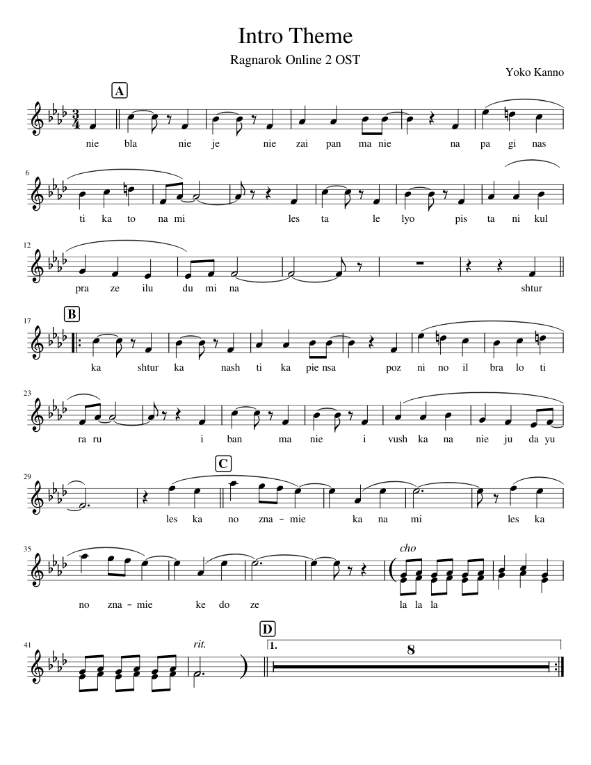 Ragnarok 2 - Intro Theme (by Yoko Kanno) Sheet Music for Piano (Solo ...