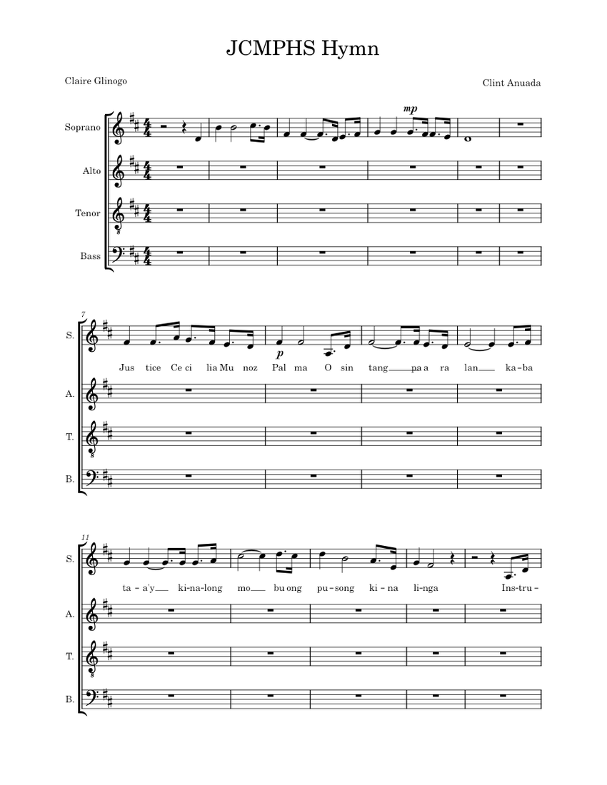 JCMPHS Hymn SATB UNFINISHED Sheet Music for Soprano, Alto, Tenor, Bass ...