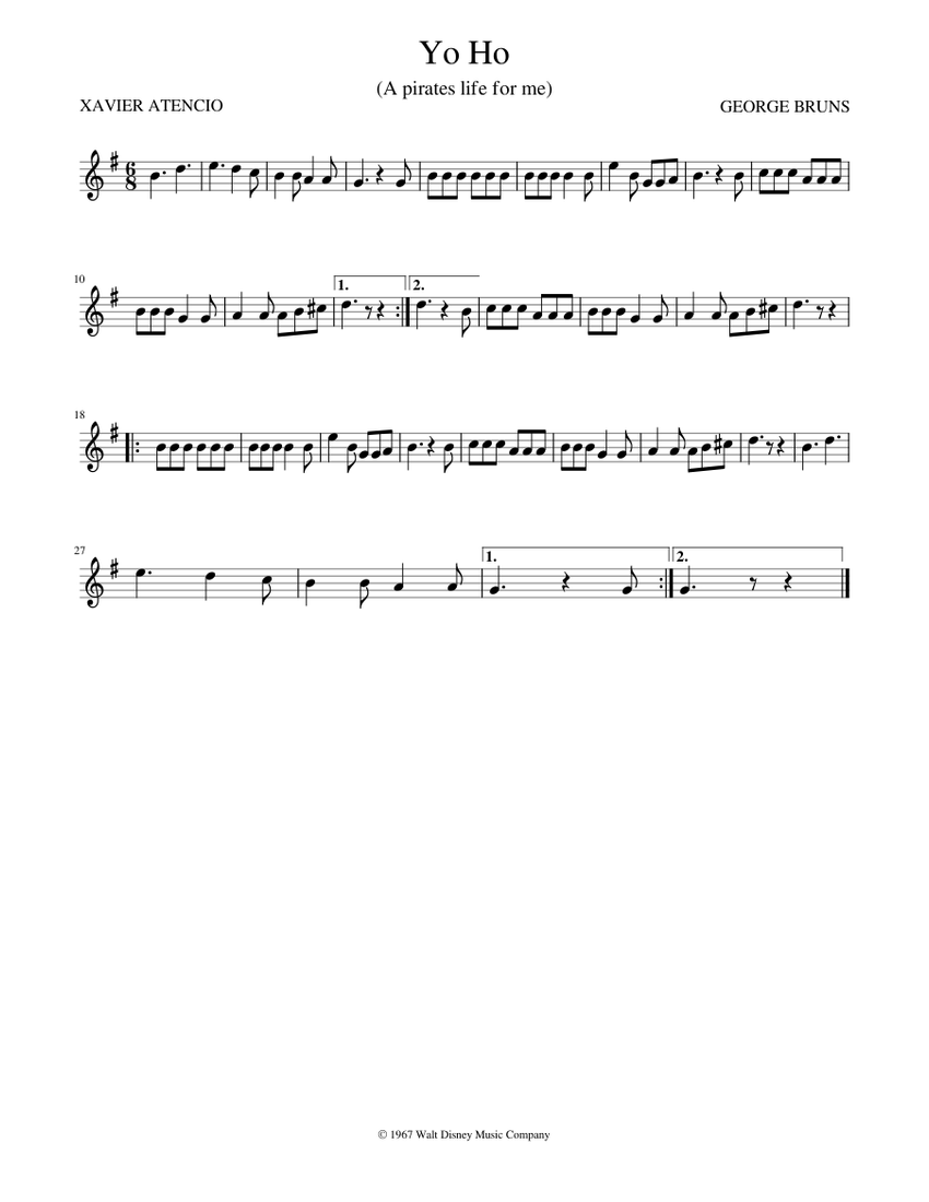 Yo Ho ! ( A Pirate Life For Me) Sheet Music for Piano (Solo) easy ...