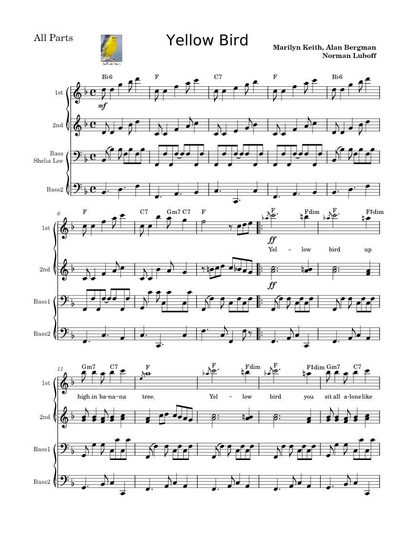 Yellow Bird – Marilyn Keith, Alan Bergman Norman Luboff Sheet music for ...