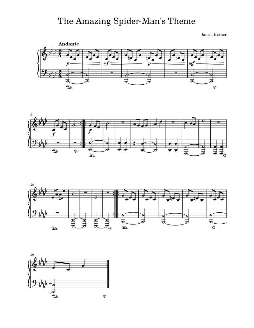 The Amazing Spider-Man's Theme – James Horner Sheet Music for Piano ...