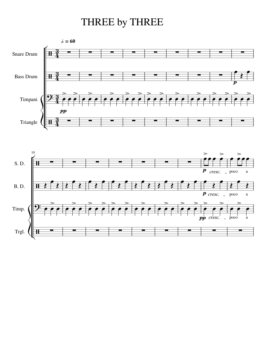 Three by three Sheet music for Timpani, Snare drum, Bass drum, Triangle ...