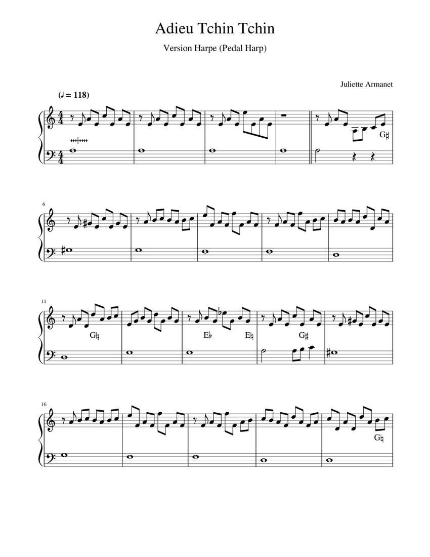 Adieu Tchin Tchin – Juliette Armanet - Pedal Harp Sheet Music for Harp ...