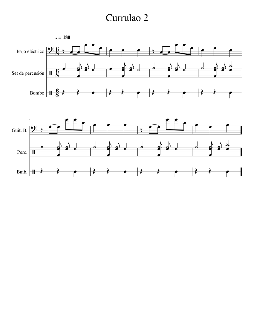 Currulao 2 Sheet Music for Bass guitar, Drum group, Bass drum (Mixed ...