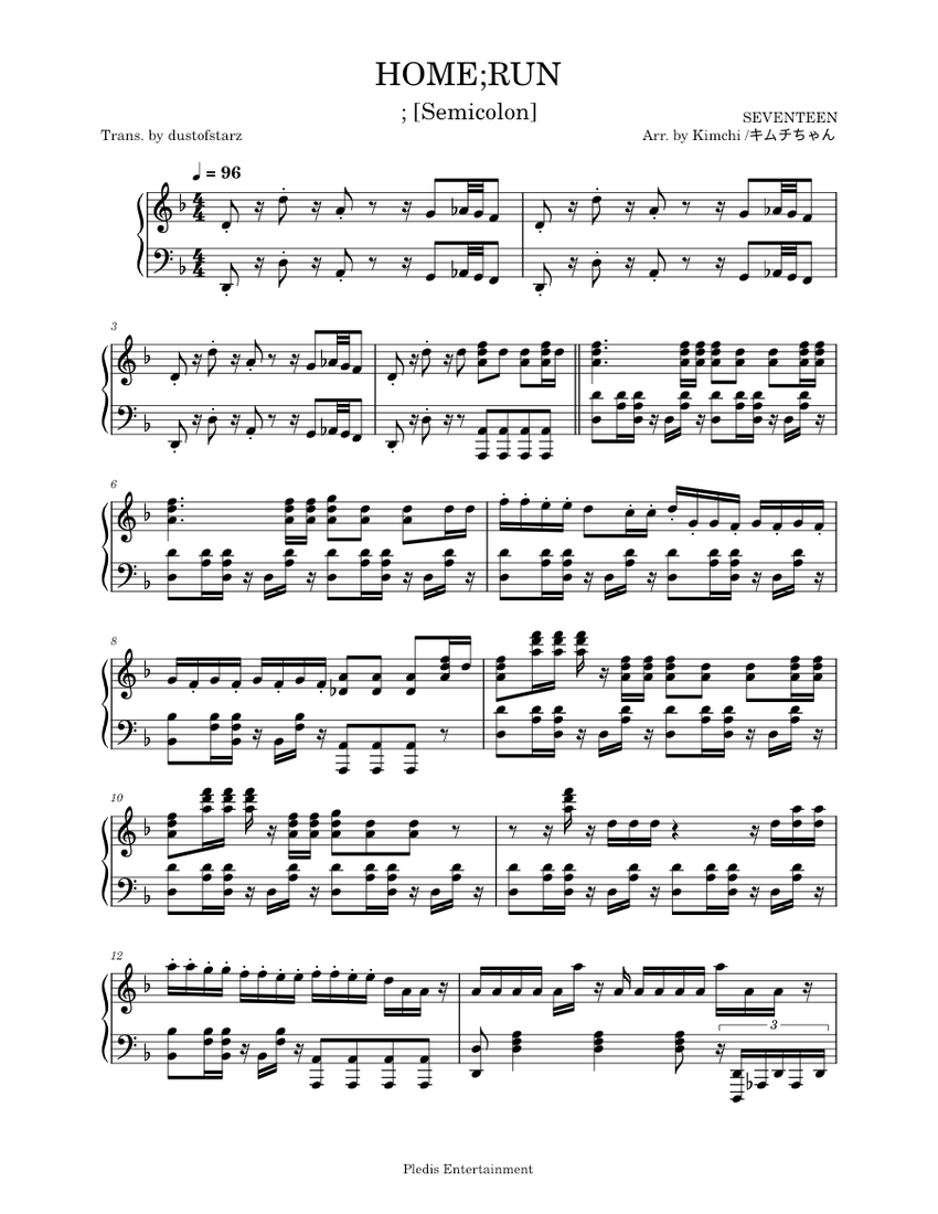 HOME;RUN (Kimchi /キムチちゃん) - SEVENTEEN Sheet music for Piano (Solo ...