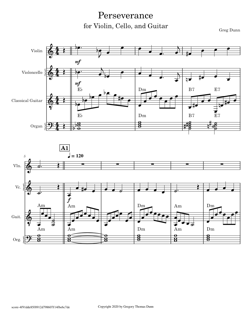 Perseverance Sheet music for Organ, Violin, Cello, Guitar (Mixed Duet ...