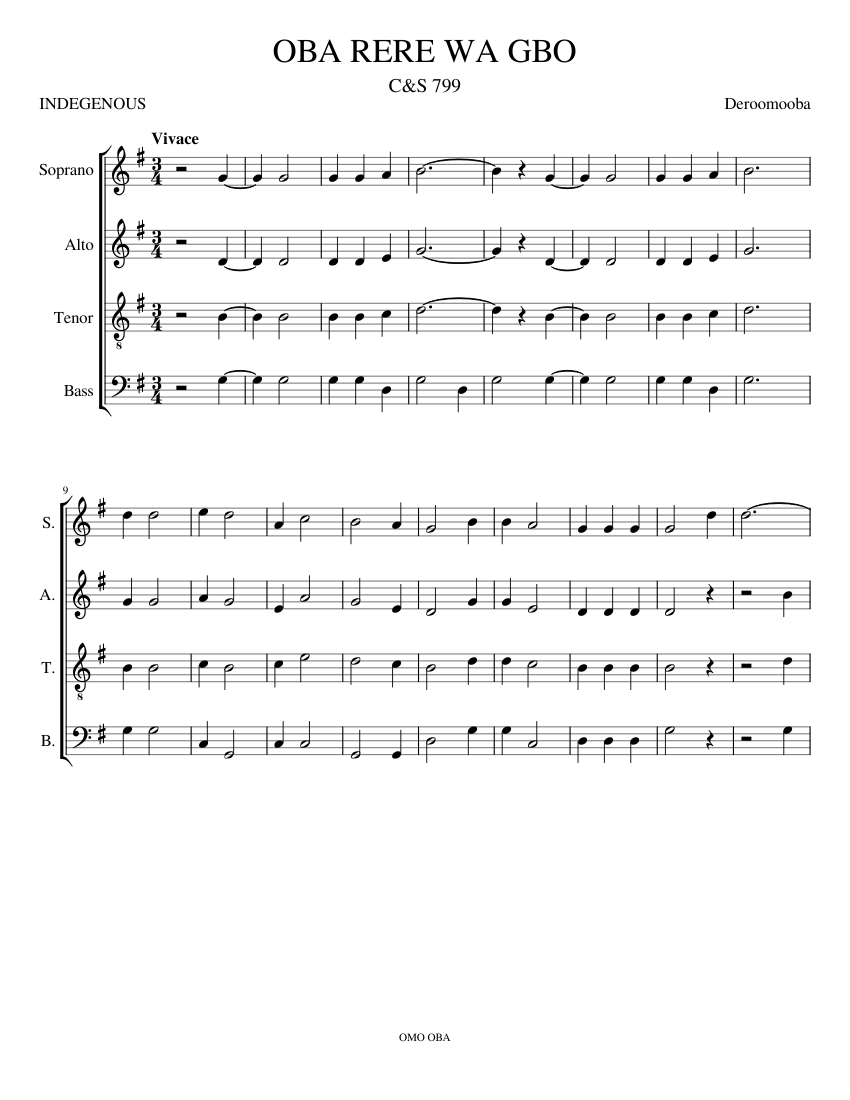 OBA_RERE_WA_GBO Sheet Music for Soprano, Alto, Tenor, Bass voice ...