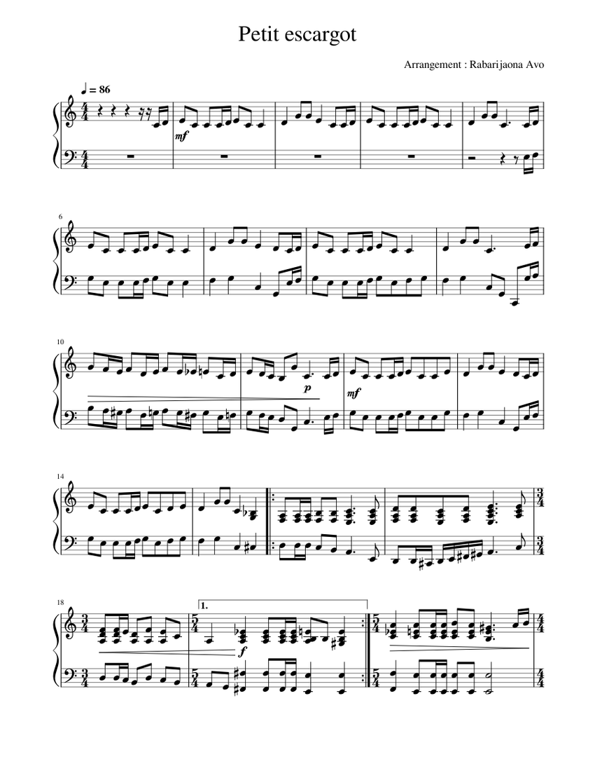 Petit escargot (Intermediate version) Sheet Music for Piano (Solo ...