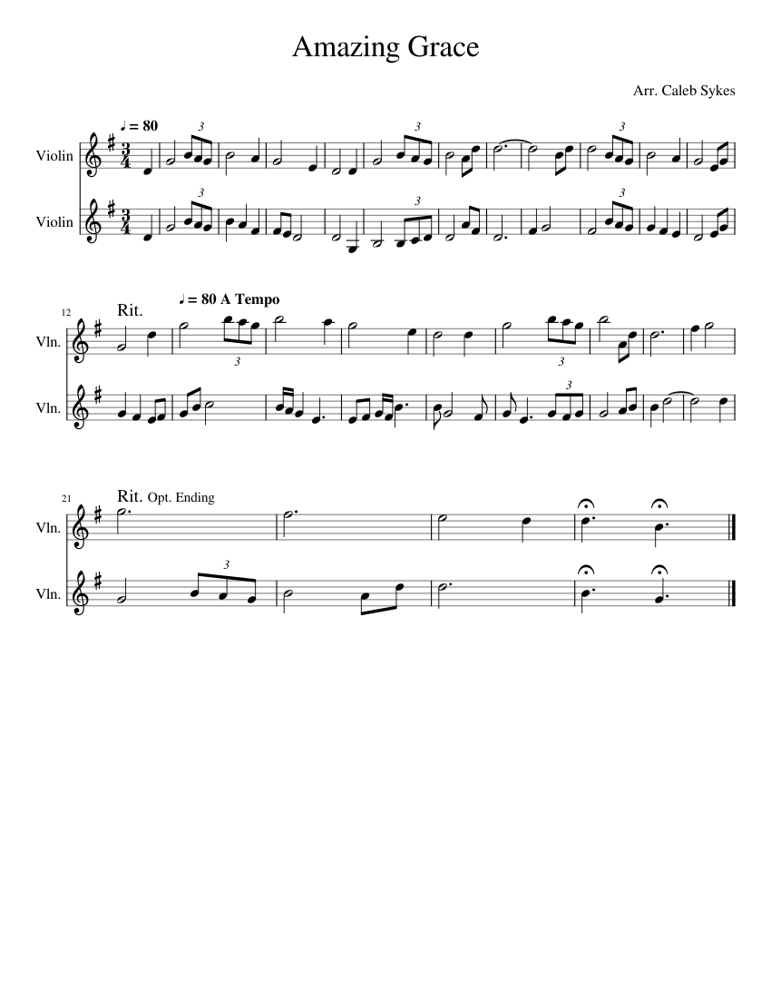 Amazing Grace Sheet Music for Violin (String Duet) | MuseScore.com