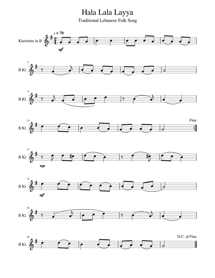 Hala Lala Layya Sheet Music for Clarinet in b-flat (Solo) | MuseScore.com