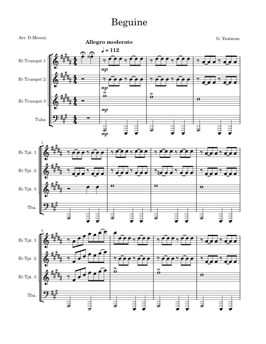 Beguine – G. Yeatman Brass Quartet Sheet music for Tuba, Trumpet in b ...