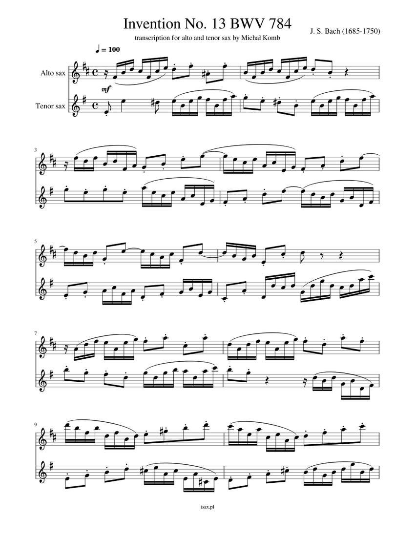 Invention No. 13 BWV 784 J. S. Bach Sheet music for Saxophone alto ...