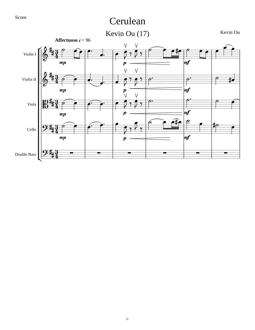 Cerulean – Kevin Ou for String Quartet Sheet music for Contrabass, Violin, Viola, Cello (String ...