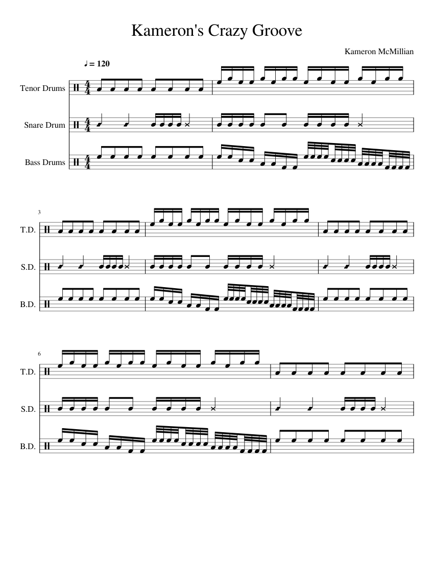 Kameron s Crazy Groove Sheet music for Piano, Snare drum, Tenor drum ...