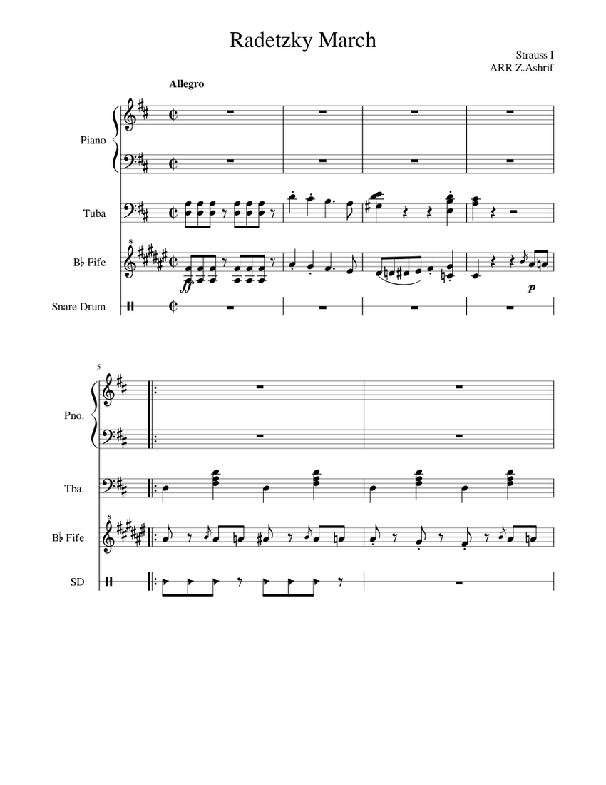 Radetzky March FIfe and Drum Sheet Music for Piano, Tuba, Snare drum ...