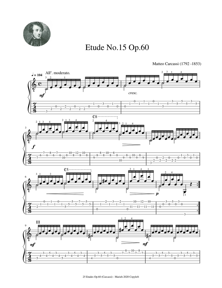 Etude No.15 Op.60 - Carcassi, Matteo (1792 - 1853) - Tablature Sheet ...