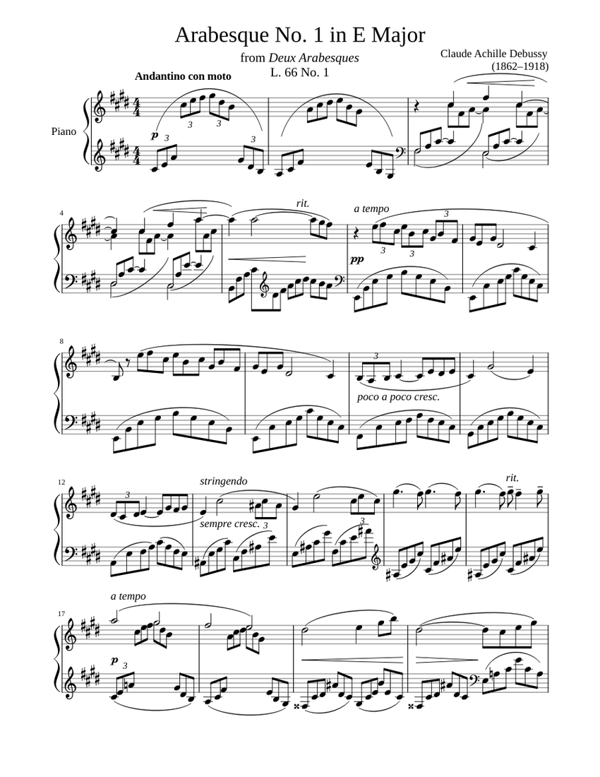 Arabesque No. 1 in E Major - Claude Debussy Sheet Music for Piano (Solo ...