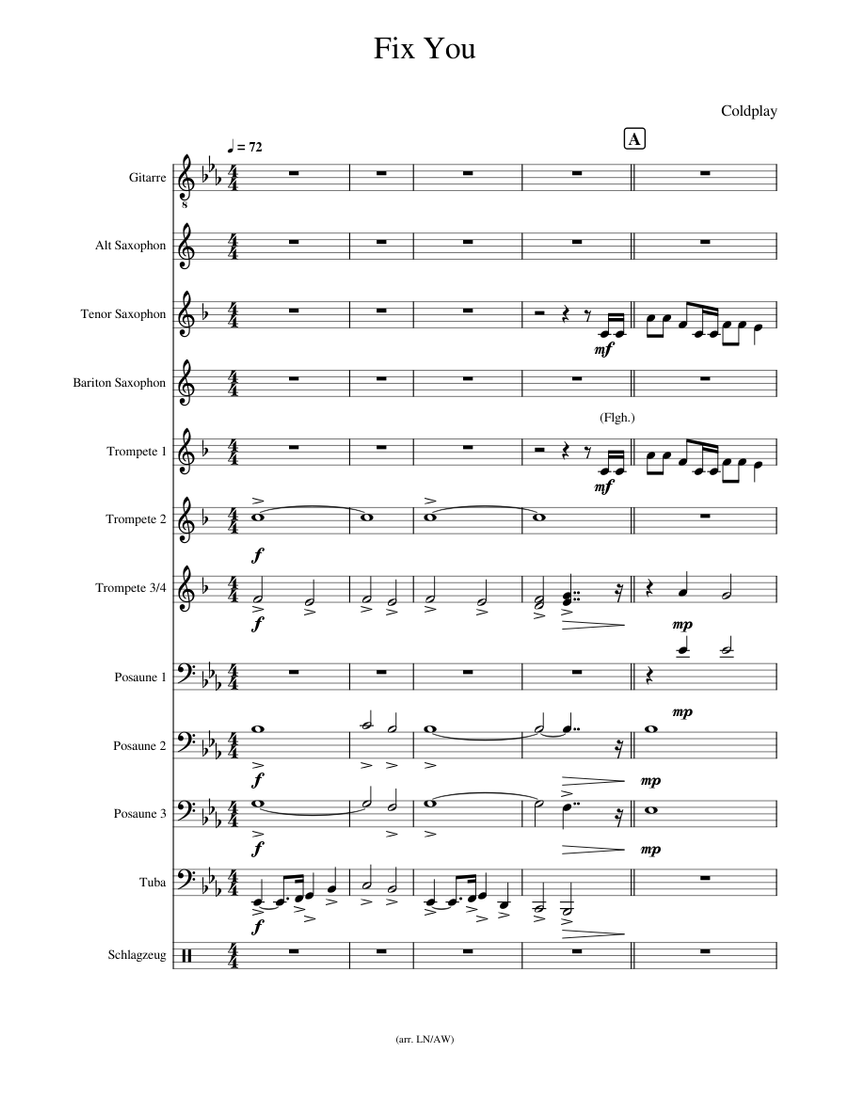 Fix You – Coldplay Sheet Music for Trombone, Tenor, Cornet, Tuba & more ...