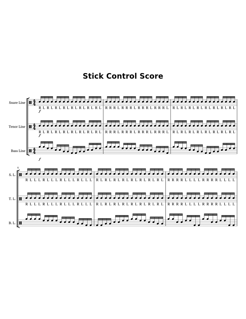 Stick Control Score Sheet music for Snare drum, Crash, Tenor drum, Bass ...