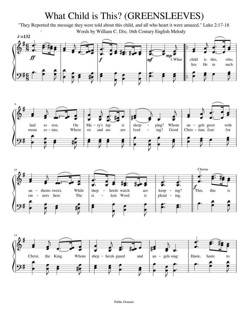 What Child is This? (GREENSLEEVES) Sheet Music for Piano (Solo) Easy ...