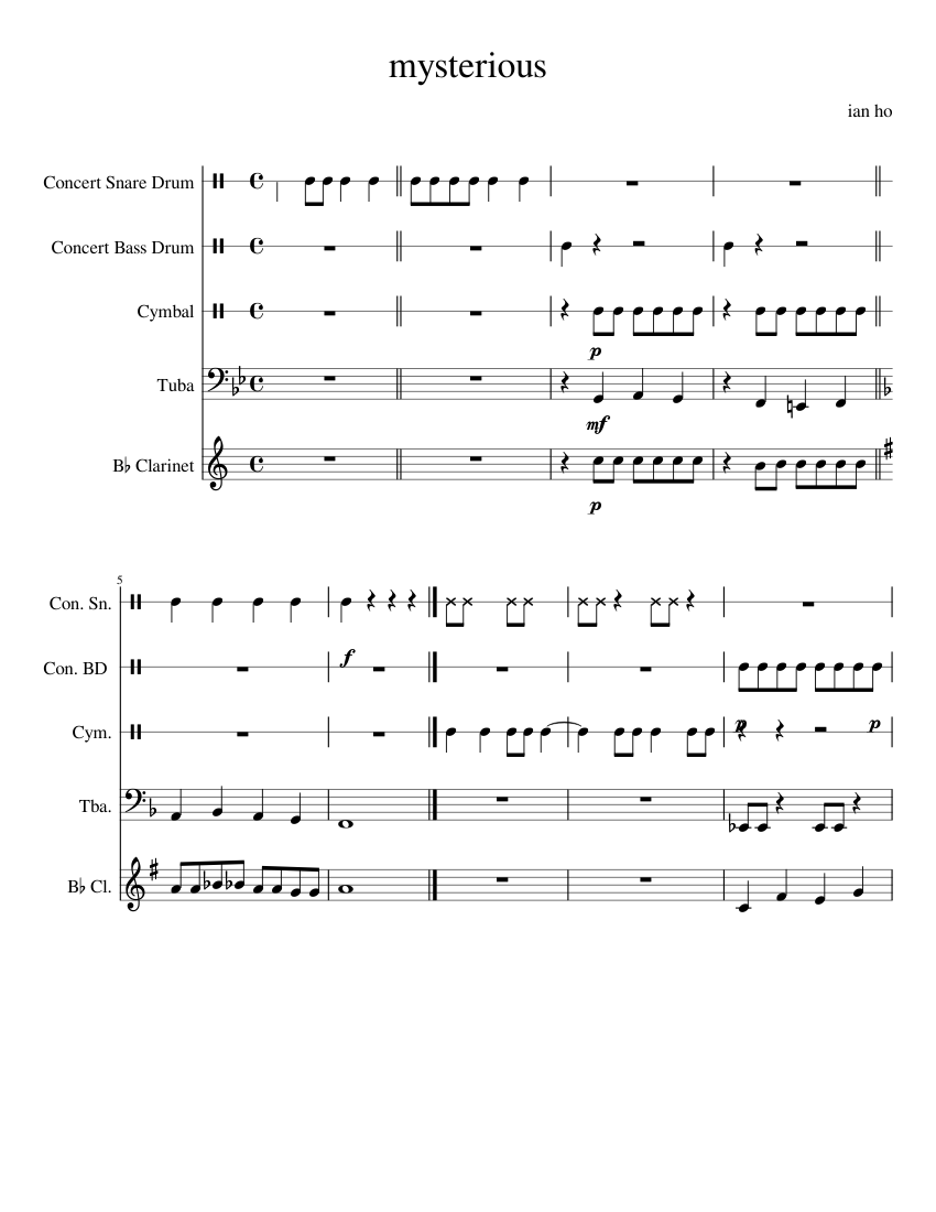 mystery Sheet music for Tuba, Clarinet in b-flat, Snare drum, Crash ...