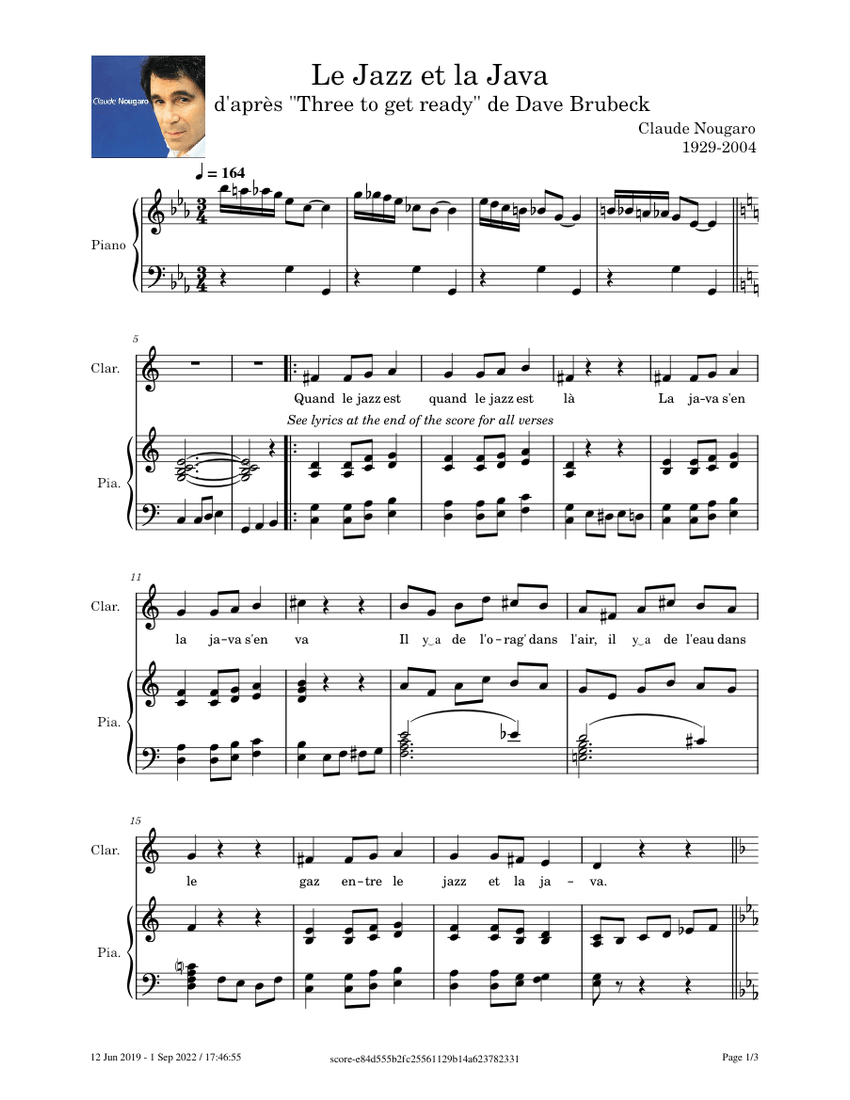 Le Jazz et la Java – Claude Nougaro Sheet Music for Piano, Clarinet other (Piano-Voice ...